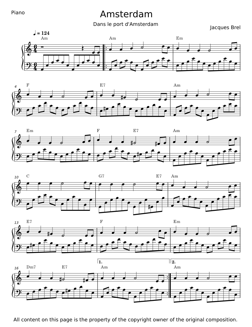 Amsterdam - Jacques Brel Sheet music for Piano (Piano Duo) | Musescore.com