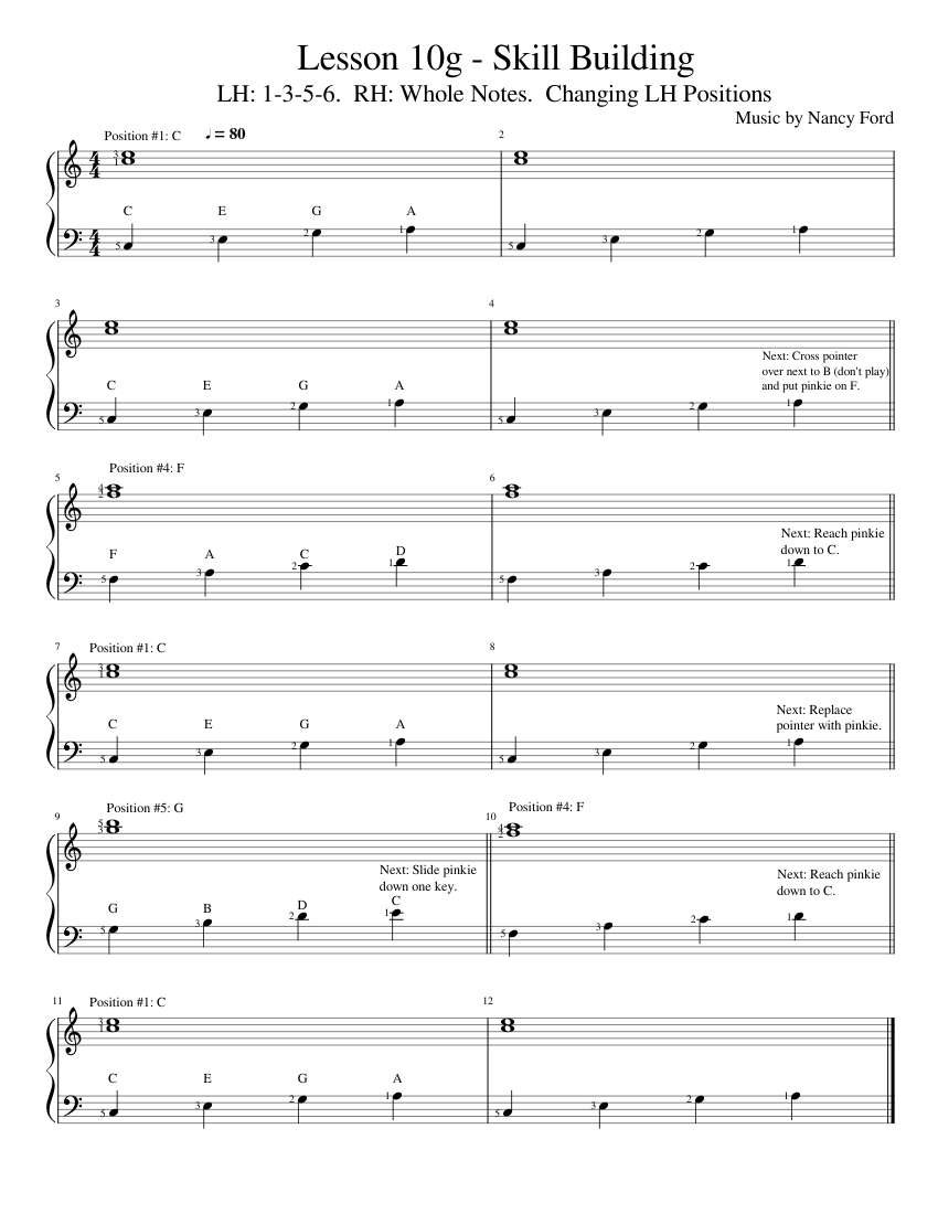 Lesson 10g - Skill Building - LH 1-3-5-6, RH - Whole Notes - Changing ...