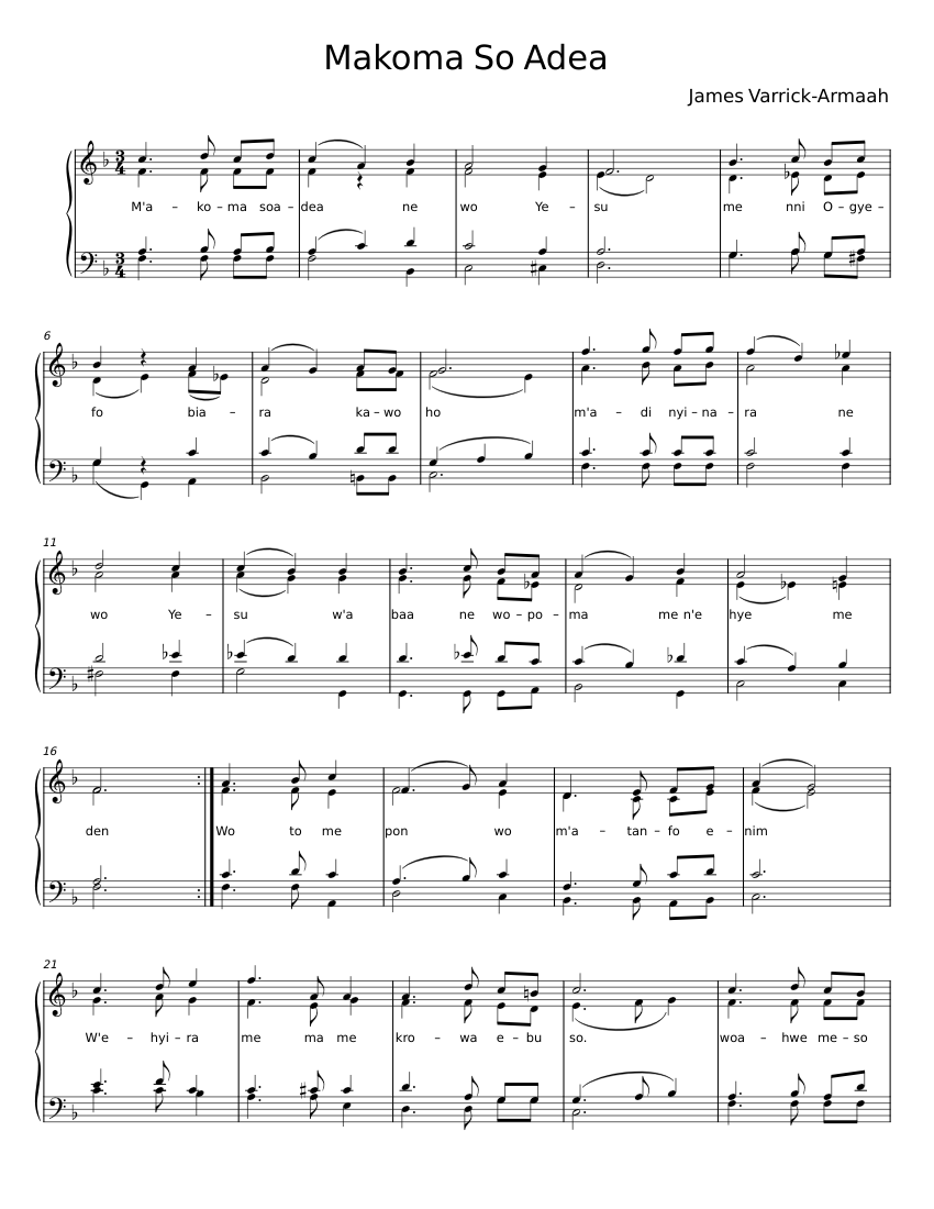 Makoma So Adea - James Varrick-Armaah Sheet Music for Piano (Solo) easy ...