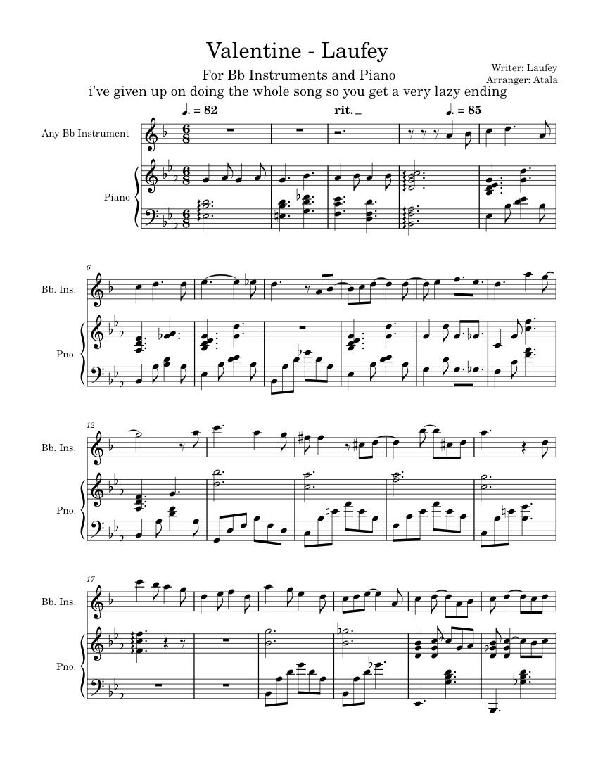 Valentine – Laufey Bb Instruments and Piano Arrangement Sheet Music for ...
