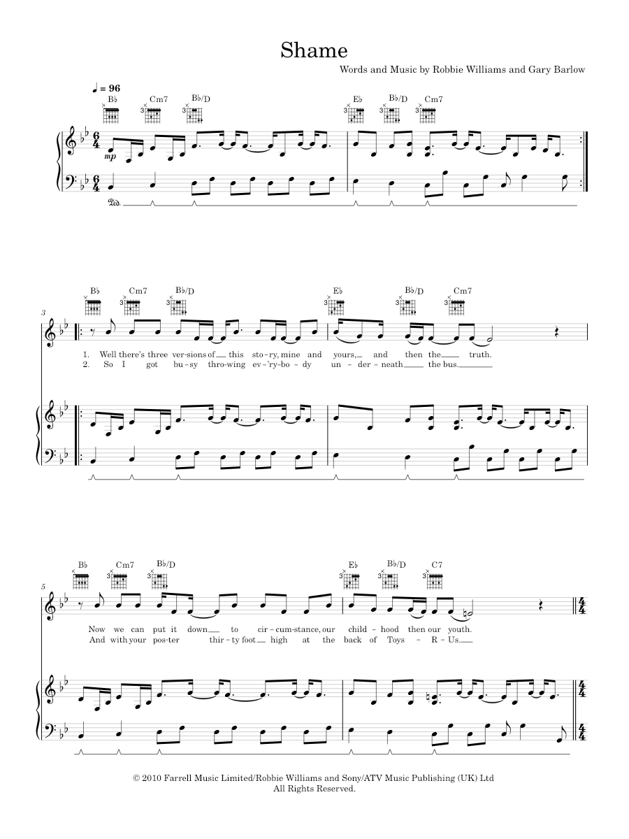 Shame Sheet music for Piano, Vocals by Barlow Williams: Music Notes by ...