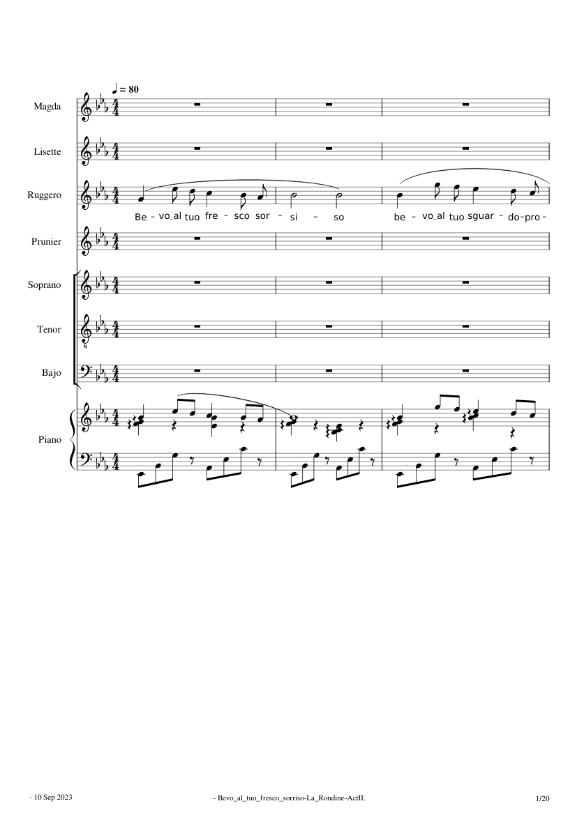Bevo al tuo fresco sorriso - La Rondine Acto II Sheet Music for Piano ...