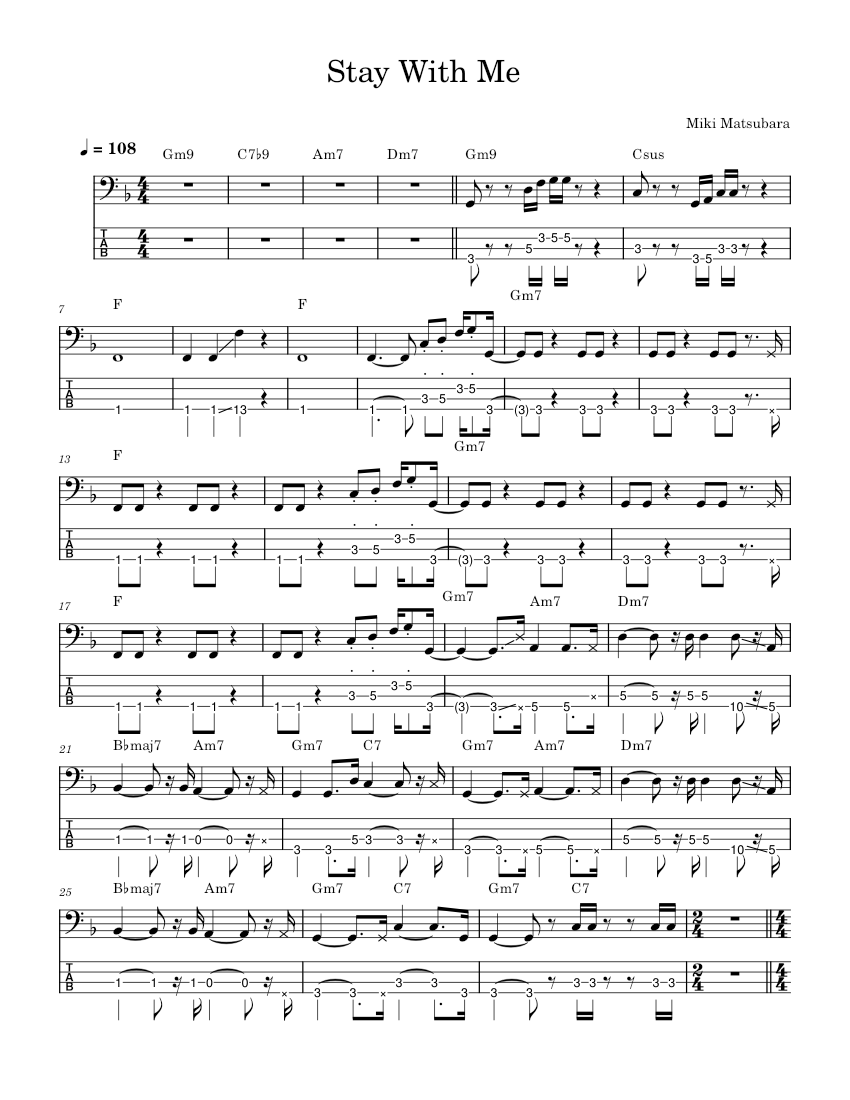 Stay With Me – Miki Matsubara Sheet Music and Tab with Chords for Bass ...