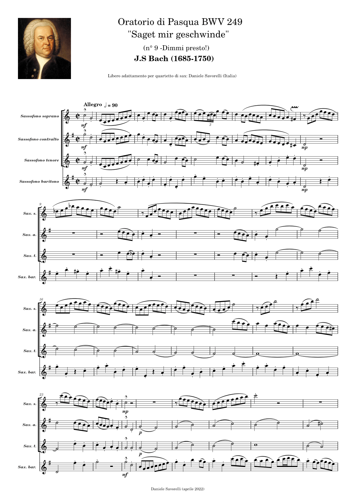 Bach J.S. Oratorio di Pasqua BWV 249 (Saget mir geschwinde) per 4 sax ...