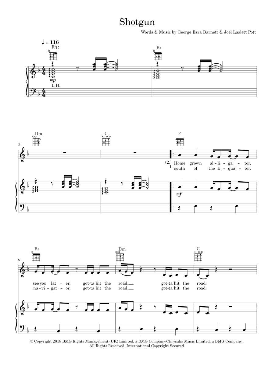 Play Official version of Shotgun Sheet Music by George Ezra for Piano ...