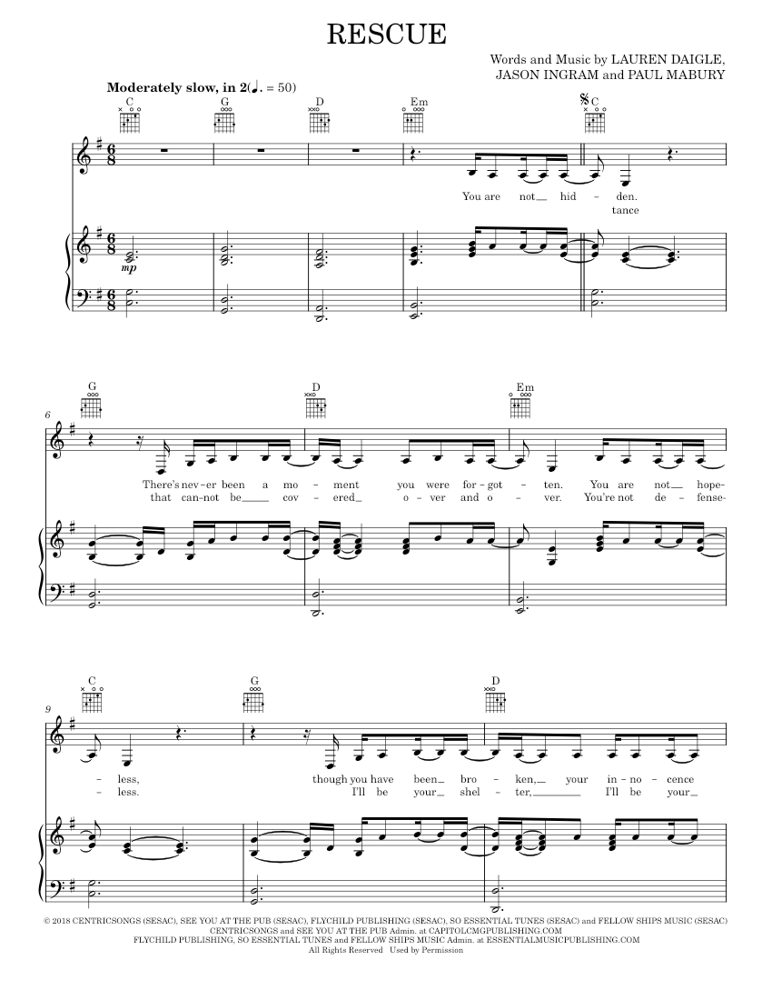 Play Official version of Rescue Sheet Music by Lauren Daigle for Piano ...