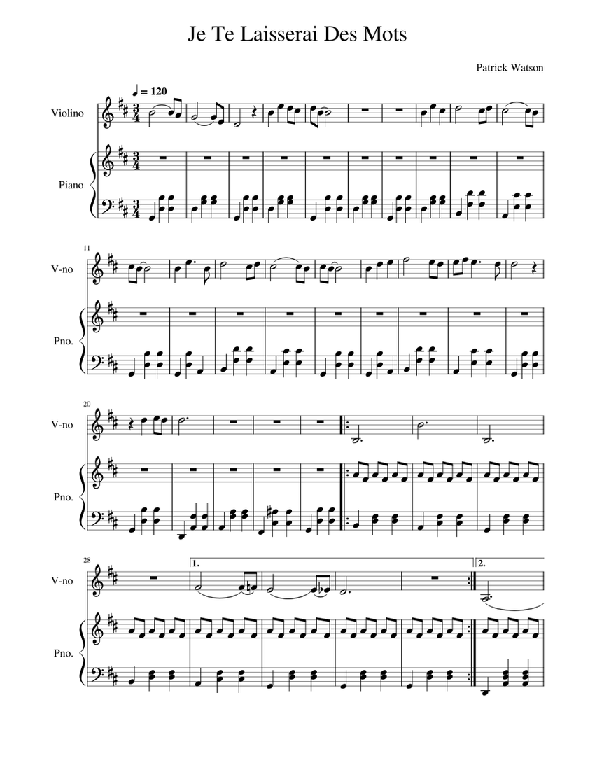 Je Te Laisserai Des Mots - Patrick Watson Violin and Piano Sheet music ...
