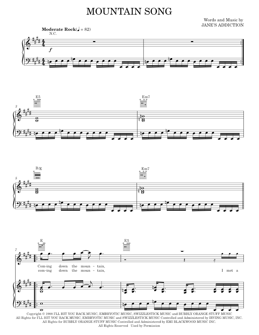 mountain song Sheet music for Piano, Vocals by Jane's Addiction: Music ...
