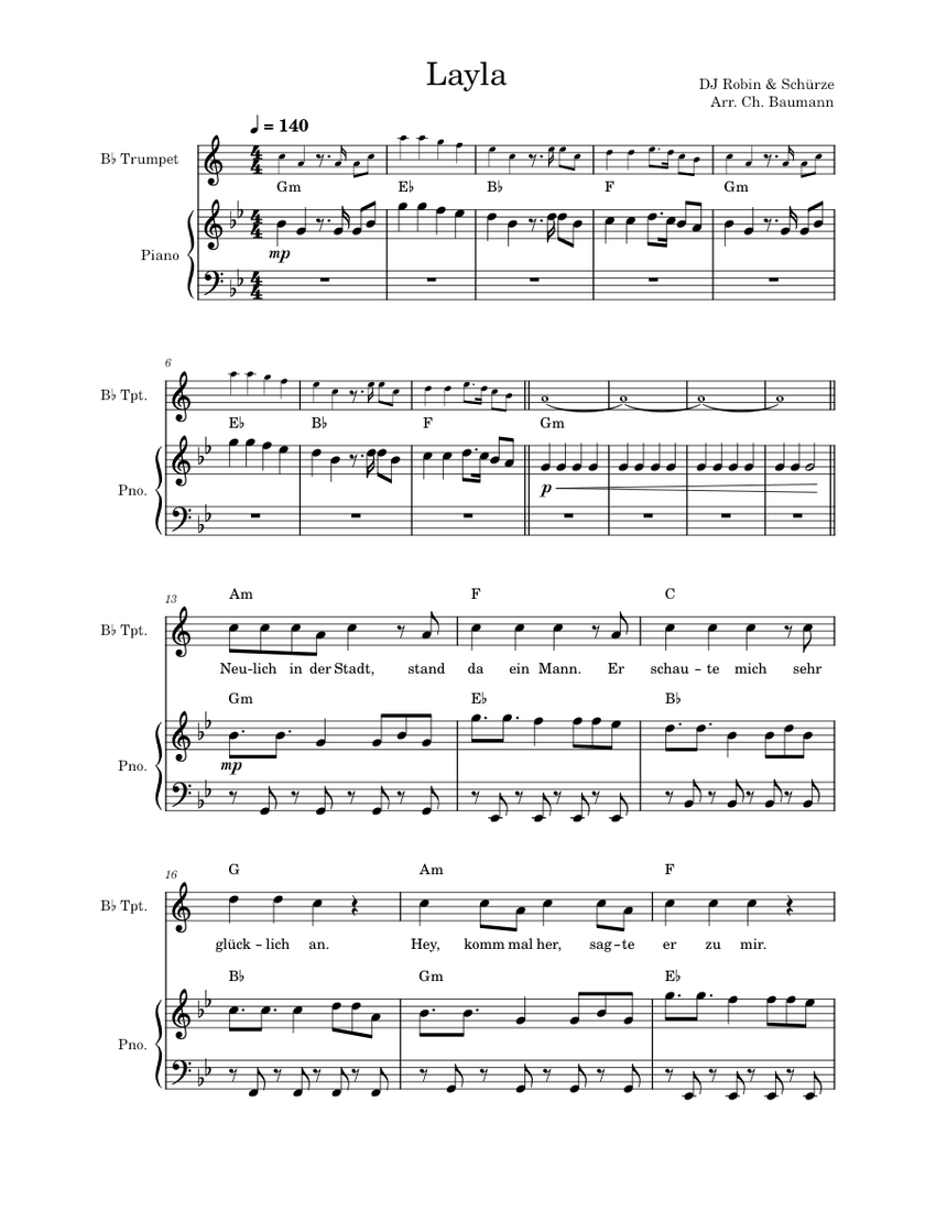 Layla – DJ Robin & Schürze Sheet music for Piano, Trumpet in b-flat ...