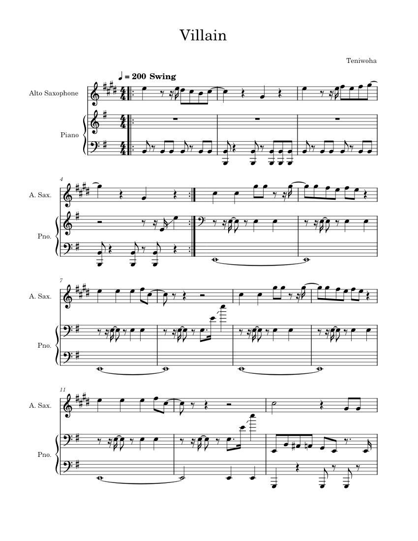 Villain – teniwoha Villain Sheet Music for Piano, Saxophone alto (Solo ...