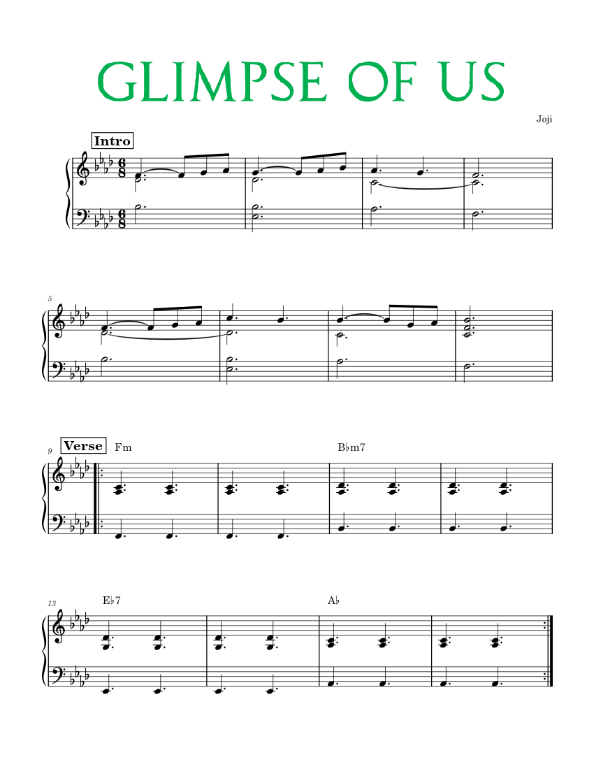 Glimpse Of Us Piano Sheet Music