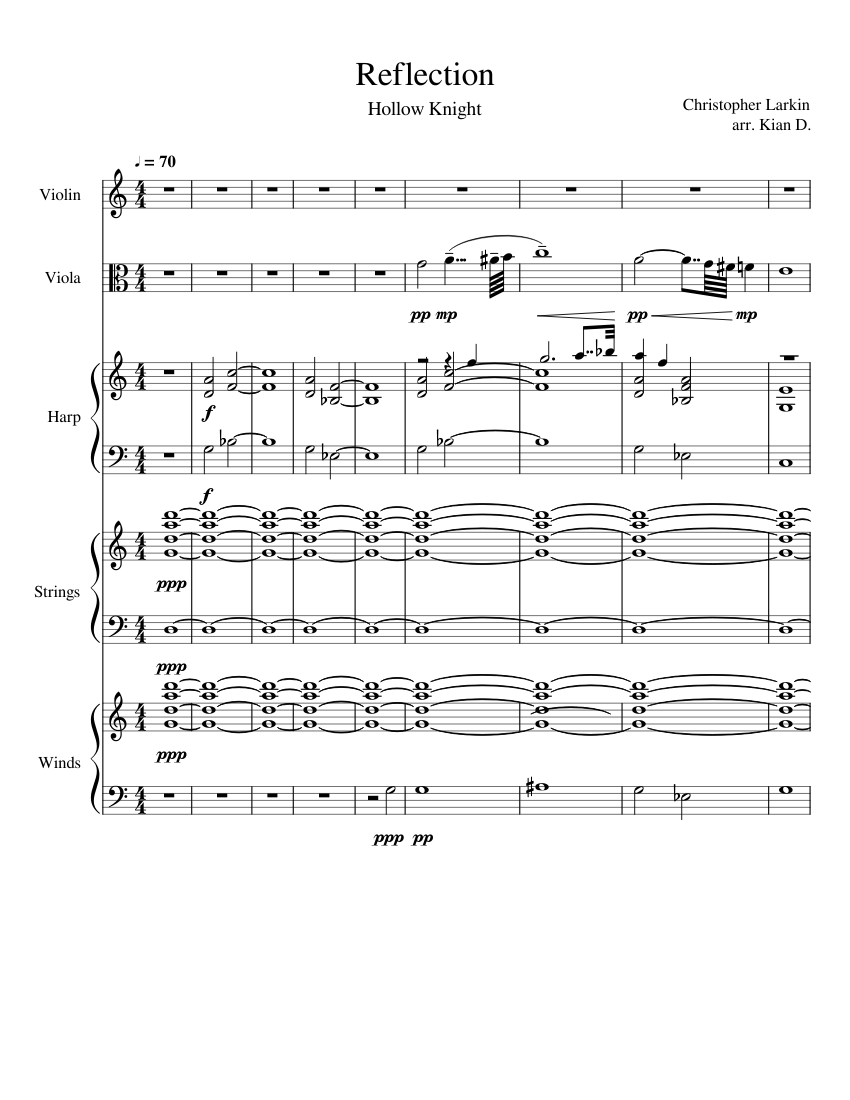 Hollow Knight: Reflection Sheet music for Violin, Viola, Harp, Strings ...