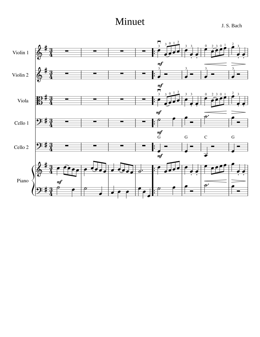 Bach Minuet Sheet music for Piano, Violin, Viola, Cello (Piano Sextet ...