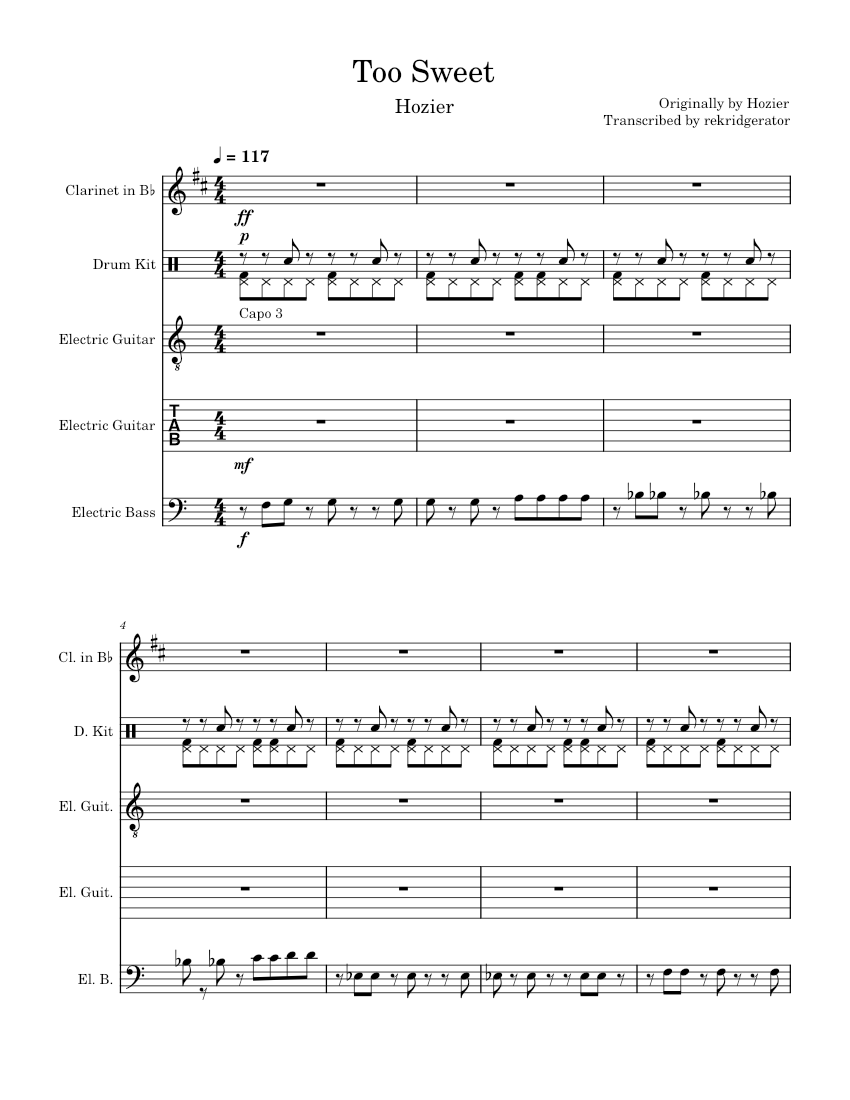 Too Sweet – Hozier Sheet Music for Guitar, Bass guitar, Drum group, Clarinet other (Solo ...