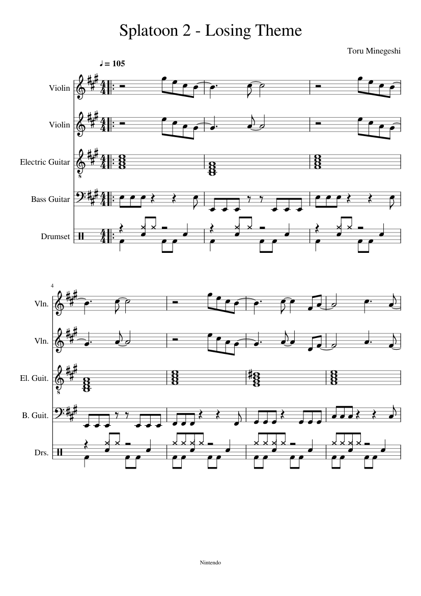 Splatoon 2 Losing Theme Sheet Music for Violin, Guitar, Bass guitar ...