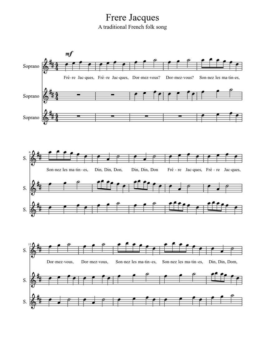 Frere Jacques Sheet music for Soprano (Choral) | Musescore.com