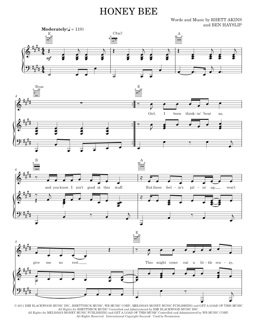honey bee Sheet music for Piano, Vocals by Blake Shelton: Music Notes ...