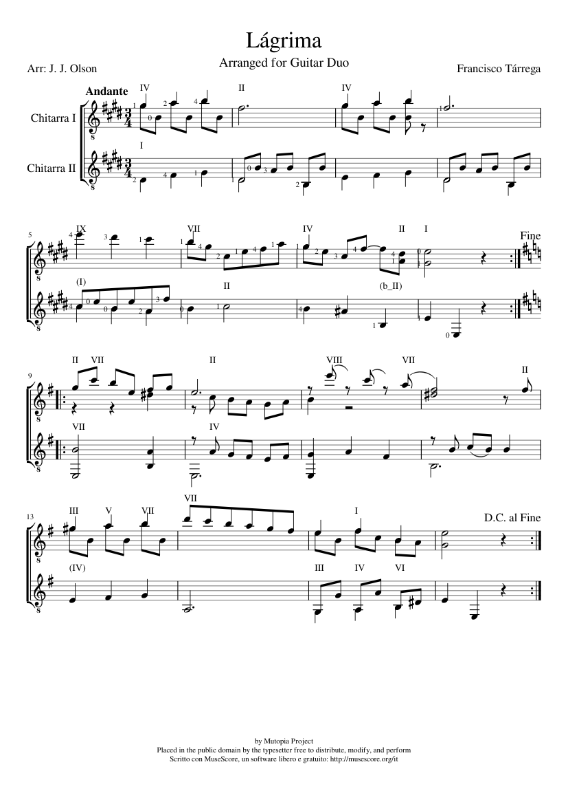 Lágrima – Tárrega, Francisco Sheet Music for Guitar (Mixed Duet ...