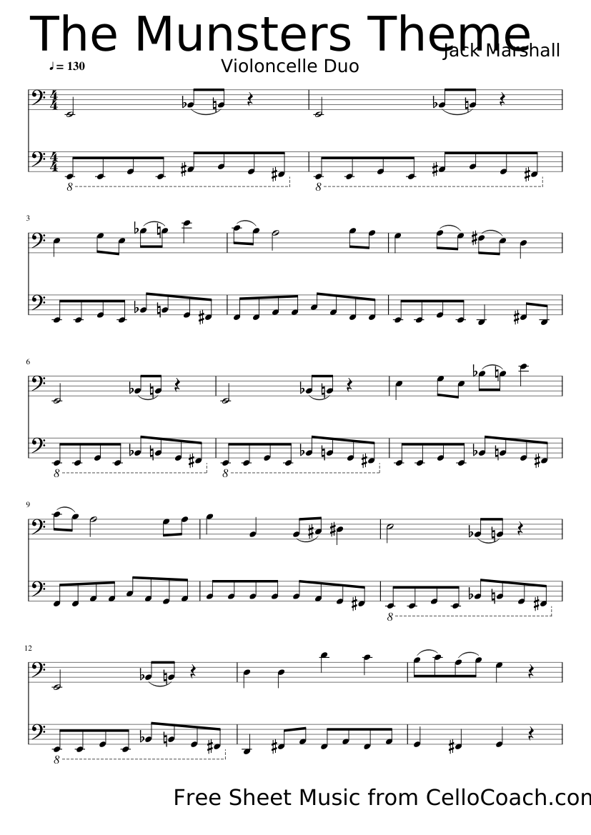 The MUNSTERS Theme Sheet music for Cello, Bass guitar (Mixed Duet ...