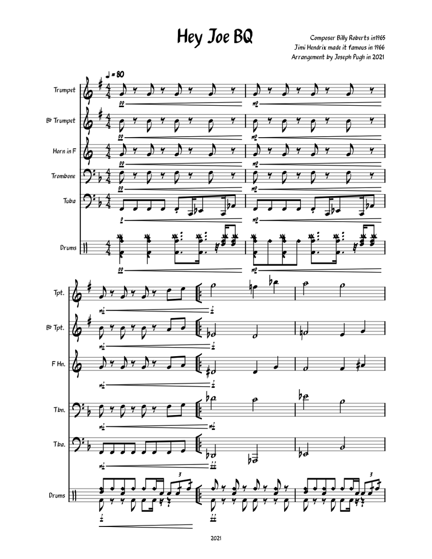 Hey_Joe_BQ-Billy Roberts Sheet music for Trombone, Tuba, Trumpet in b ...