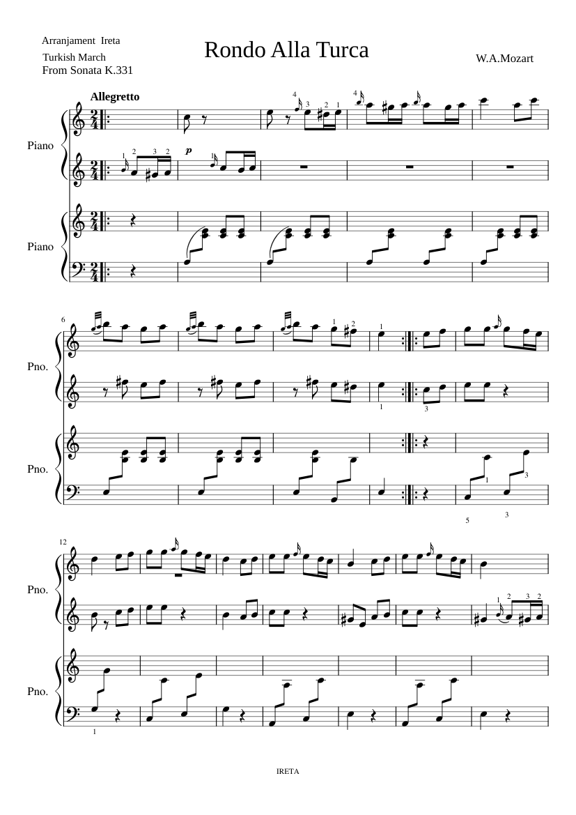 Rondo alla turca – Mozart Sheet music for Piano (Piano Four Hand ...