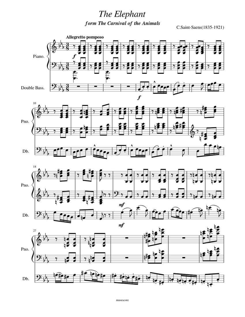 The Elephant – Camille Saint-Saëns Sheet music for Piano, Contrabass ...
