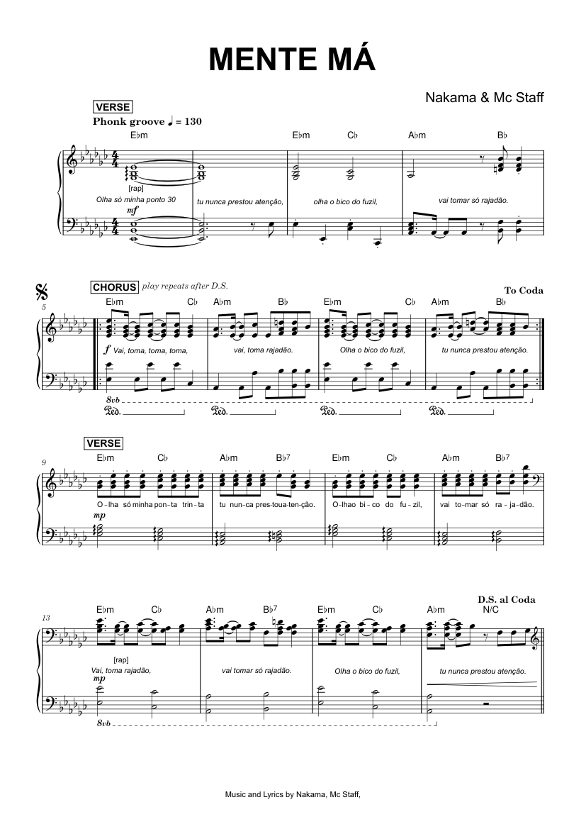 Play Official version of MENTE MÁ Sheet Music by Mc Staff Nakama for Piano | MuseScore.com