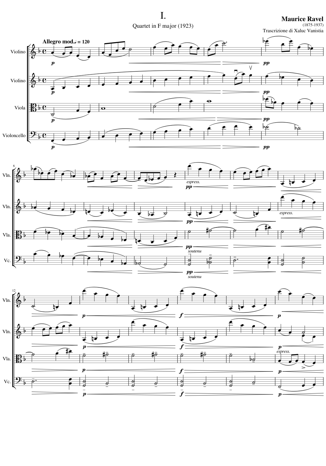 M. Ravel - i. Quartet in F major (WIP) Sheet music for Violin, Viola, Cello (String Quartet ...
