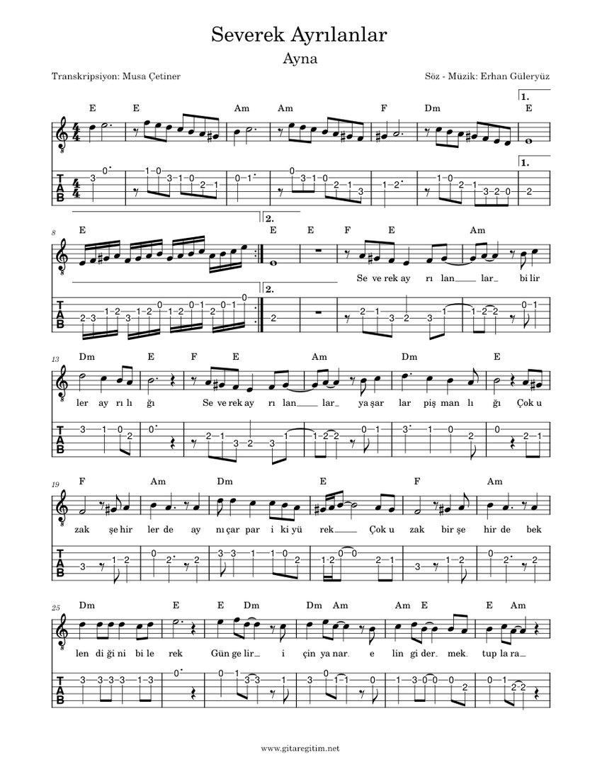 Severek Ayrılanlar - Ayna Sheet music for Guitar (Solo) | Musescore.com