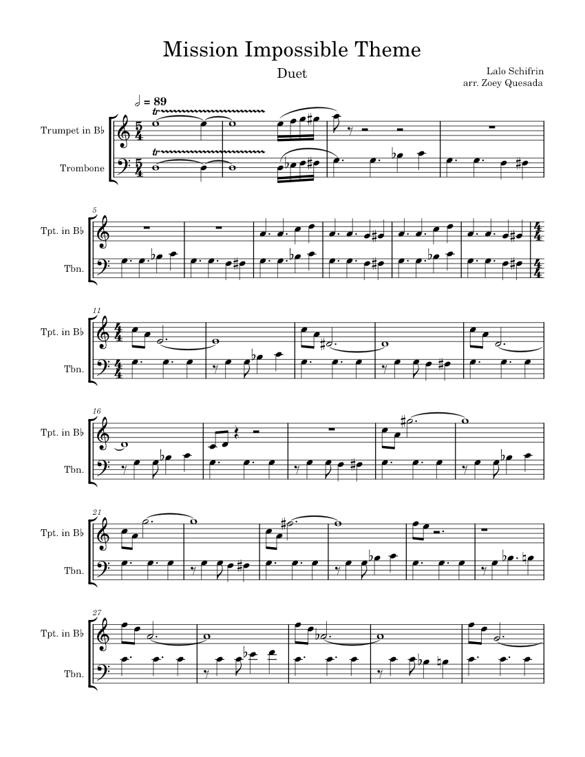 Mission Impossible Theme Duet for Trumpet and Trombone Sheet Music for ...