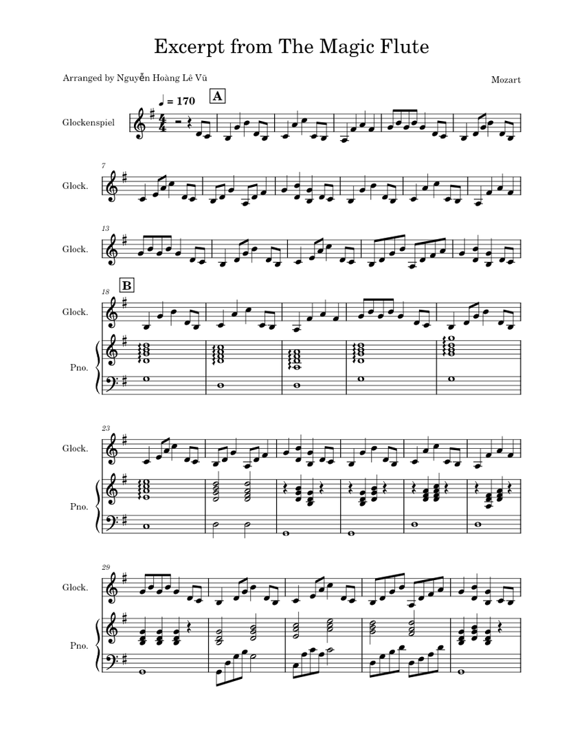 Excerpt from The Magic Flute Sheet music for Piano, Tambourine, Flute ...