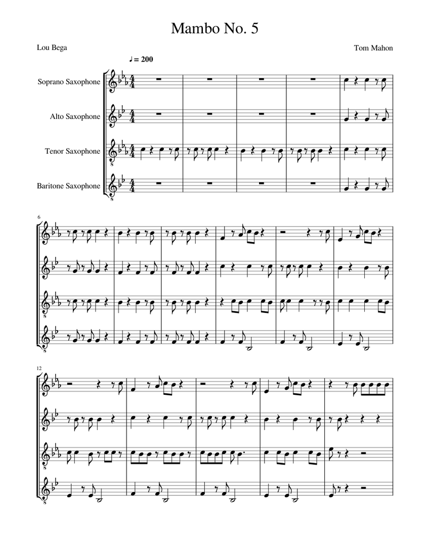 Mambo No 5 Sheet music for Saxophone alto, Saxophone tenor, Saxophone baritone, Saxophone ...