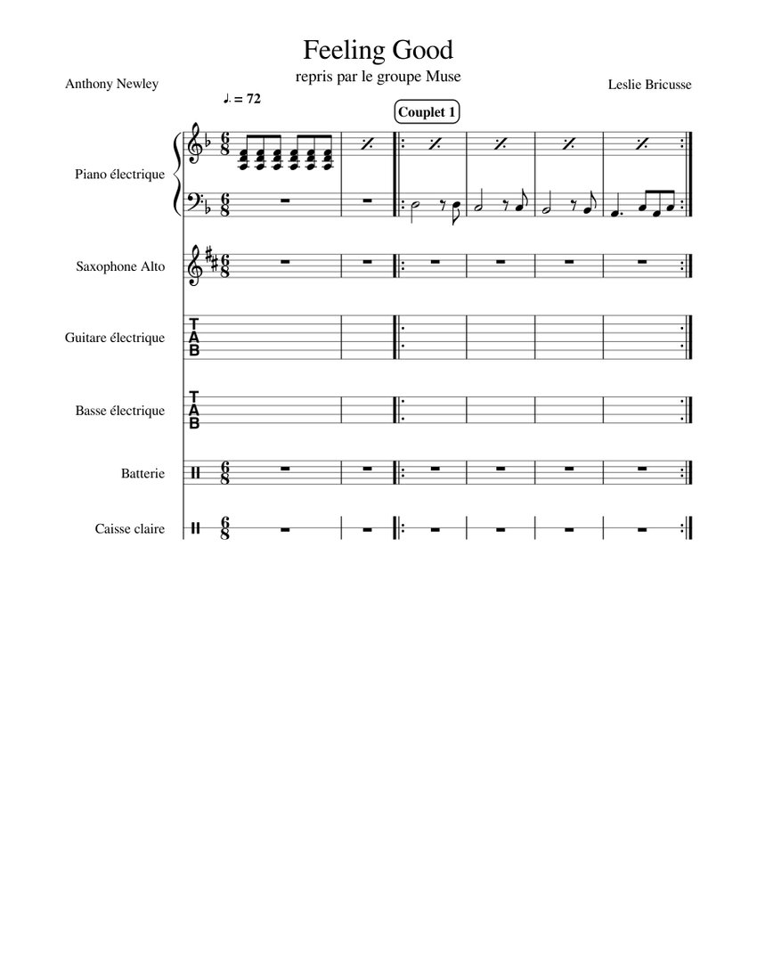 Feeling Good - Muse Sheet music for Piano, Saxophone alto, Snare drum ...