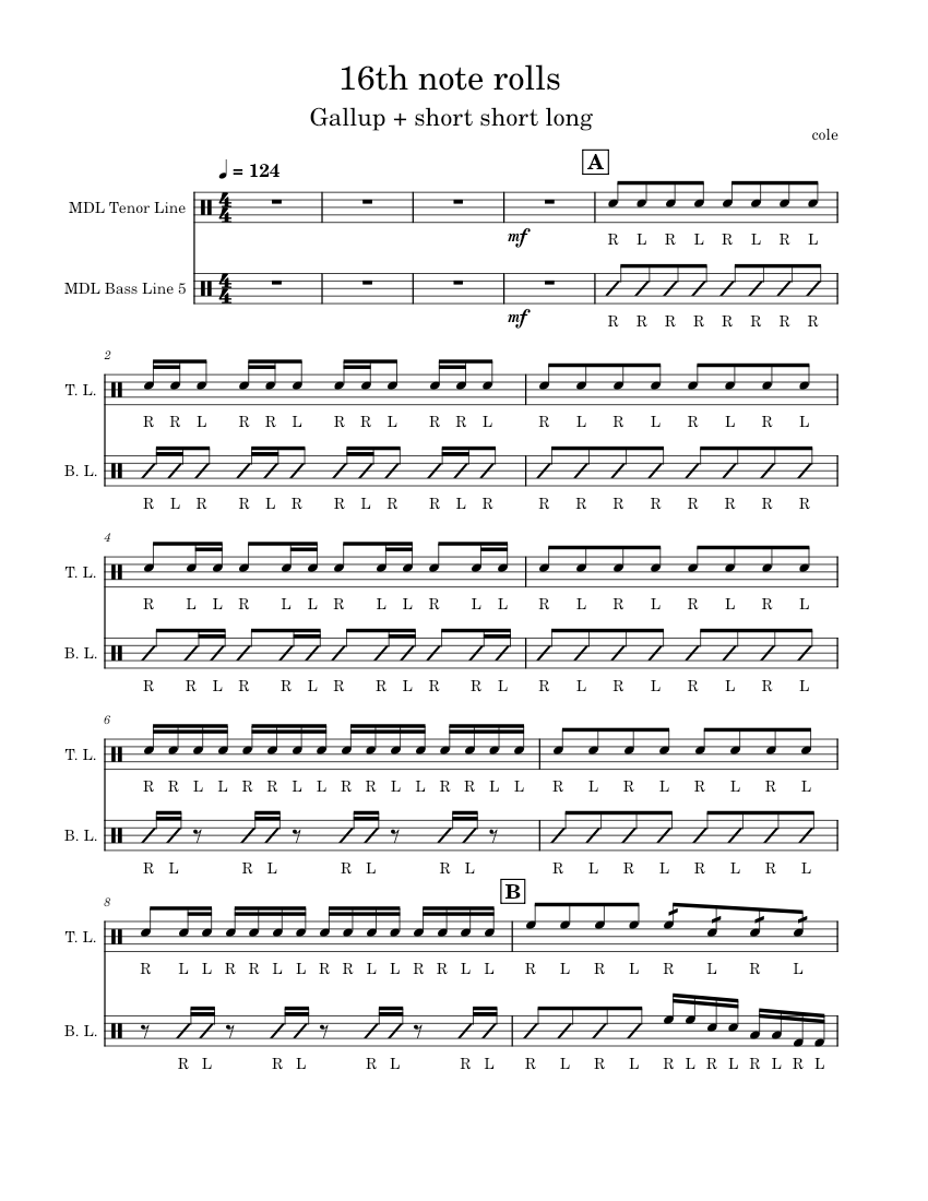16th note rolls (gallup/SSL) Sheet music for Tenor drum, Bass drum ...