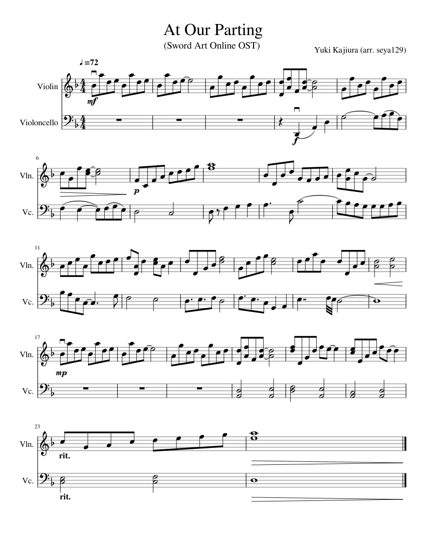 At Our Parting (Sword Art Online OST) Sheet music for Violin, Cello ...