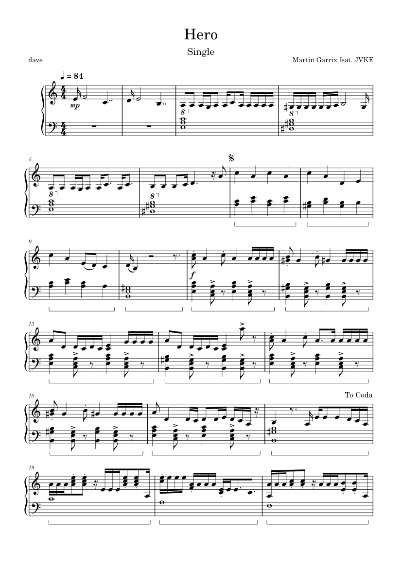 Hero – Martin Garrix; JVKE Sheet Music for Piano (Solo) | MuseScore.com