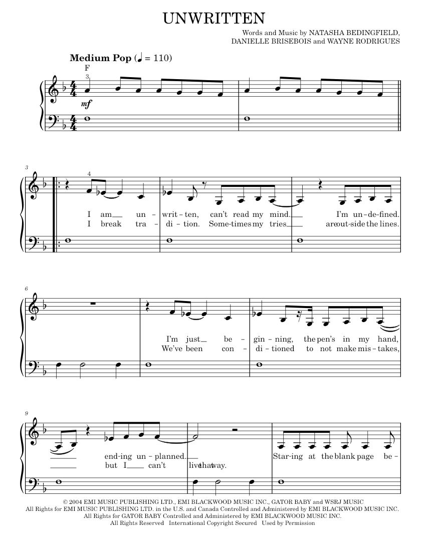 Play Official version of Unwritten Sheet Music by Natasha Bedingfield ...
