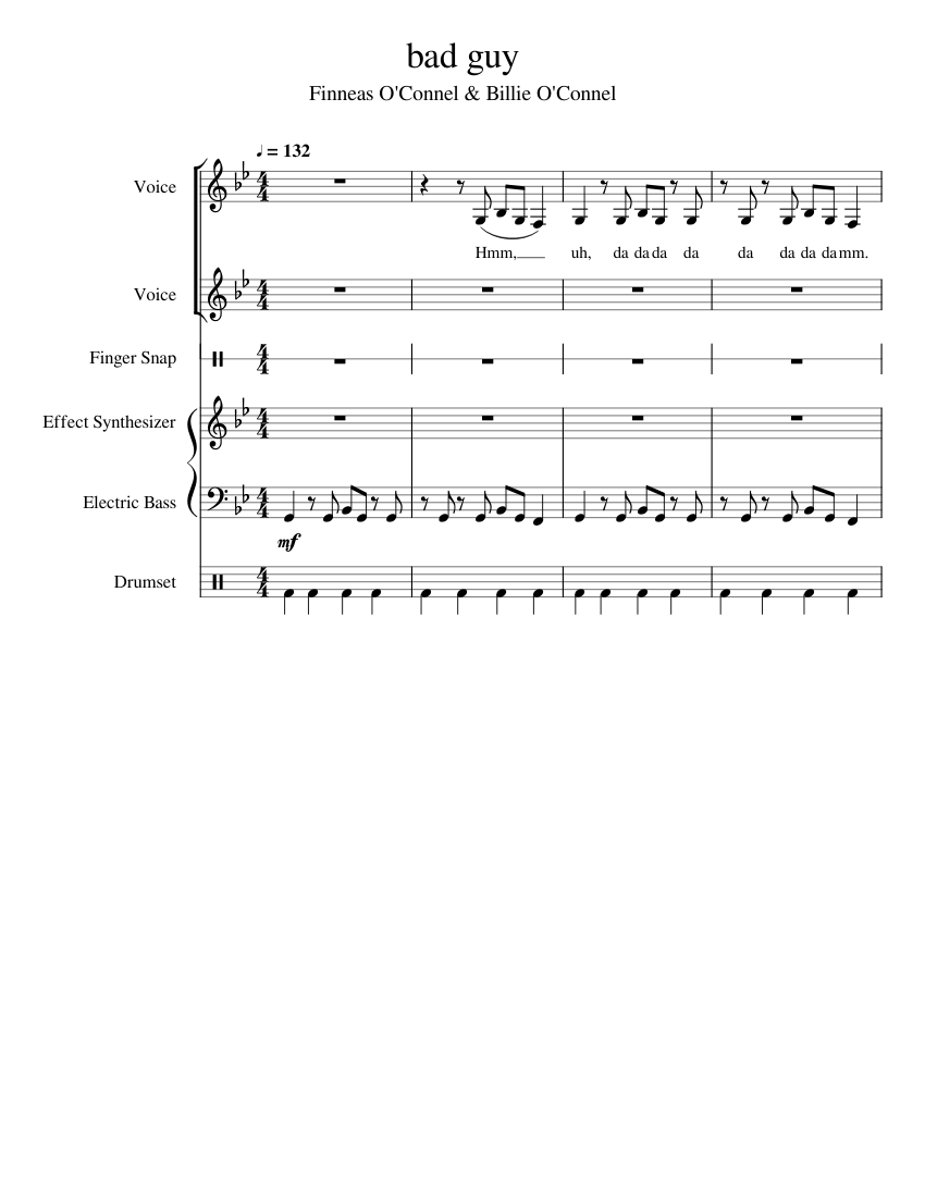 bad_guy Sheet music for Vocals, Bass guitar, Drum group, Synthesizer ...