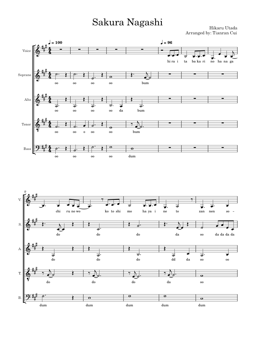 Sakura nagashi – Utada Hikaru A Cappella Sheet Music for Piano, Drum ...