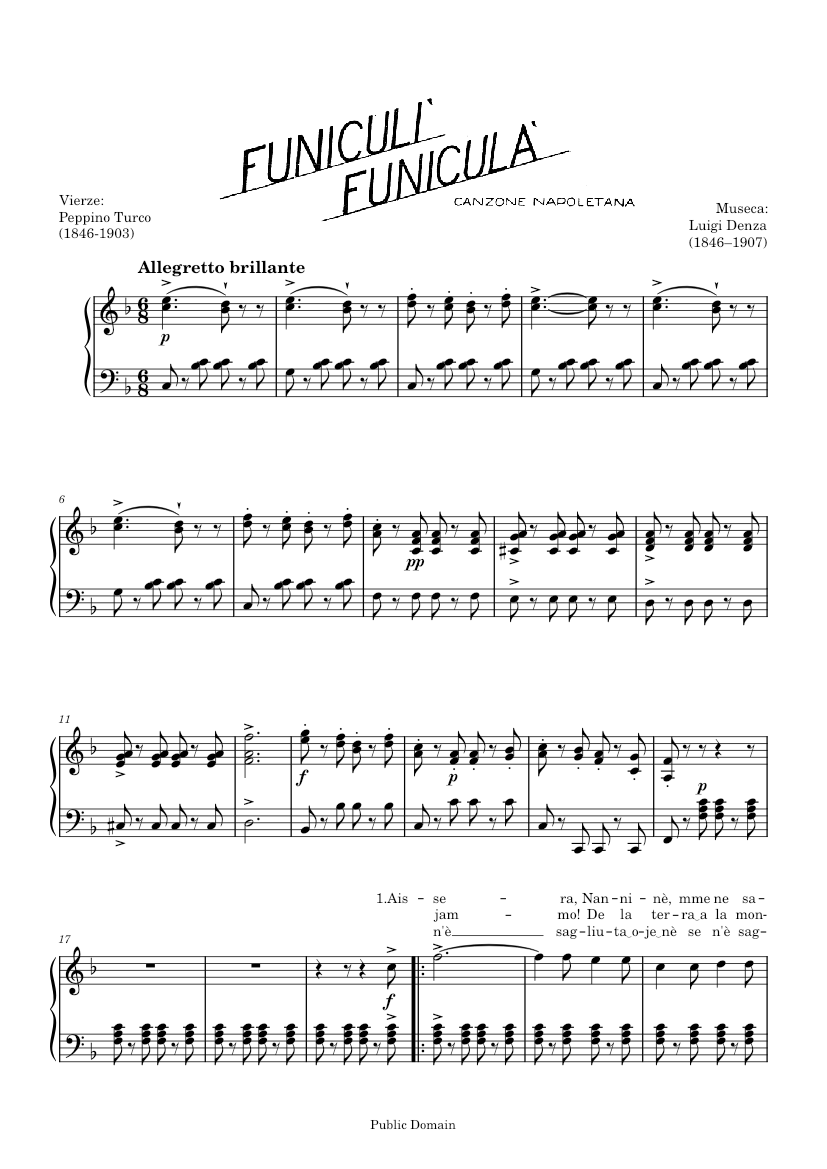Funiculì, Funiculà - Luigi Denza Sheet Music for Piano (Solo ...