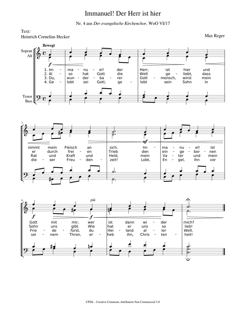 Immanuel! Der Herr ist hier, WoO VI 17, No. 4 - Max Reger Sheet music ...
