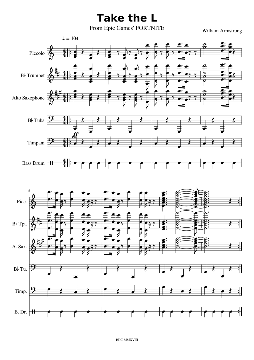 Fortnite Sheet music for Tuba, Flute piccolo, Saxophone alto, Trumpet ...