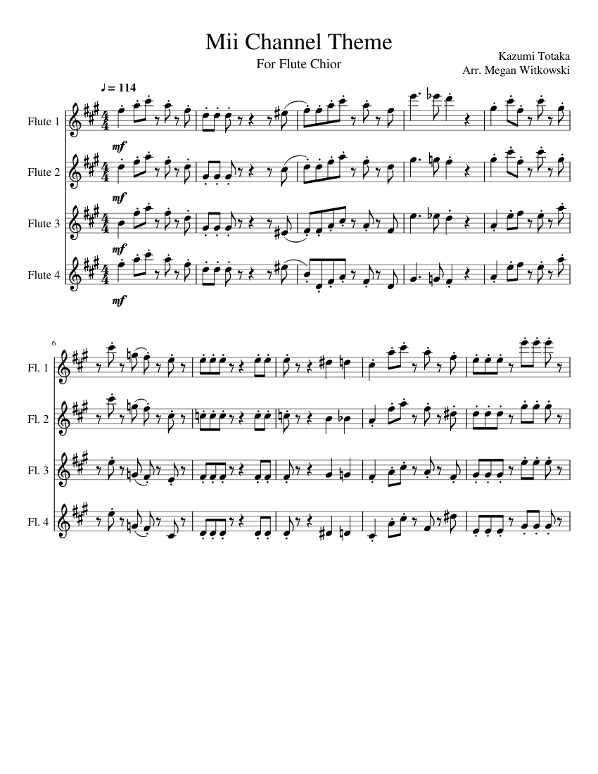 Mii Channel Theme For Flute Choir Sheet music for Flute (Woodwind ...