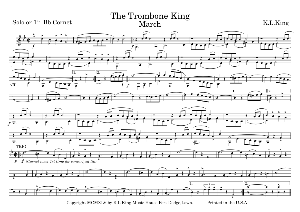 The Trombone King – Karl L. King The Trombone King 1st Cornet Sheet ...