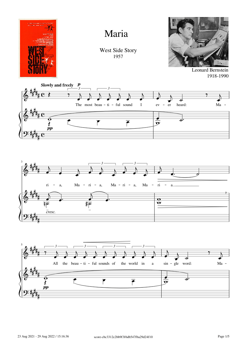 West Side Story - Maria – Leonard Bernstein Sheet Music for Piano, Vocals (Piano-Voice ...