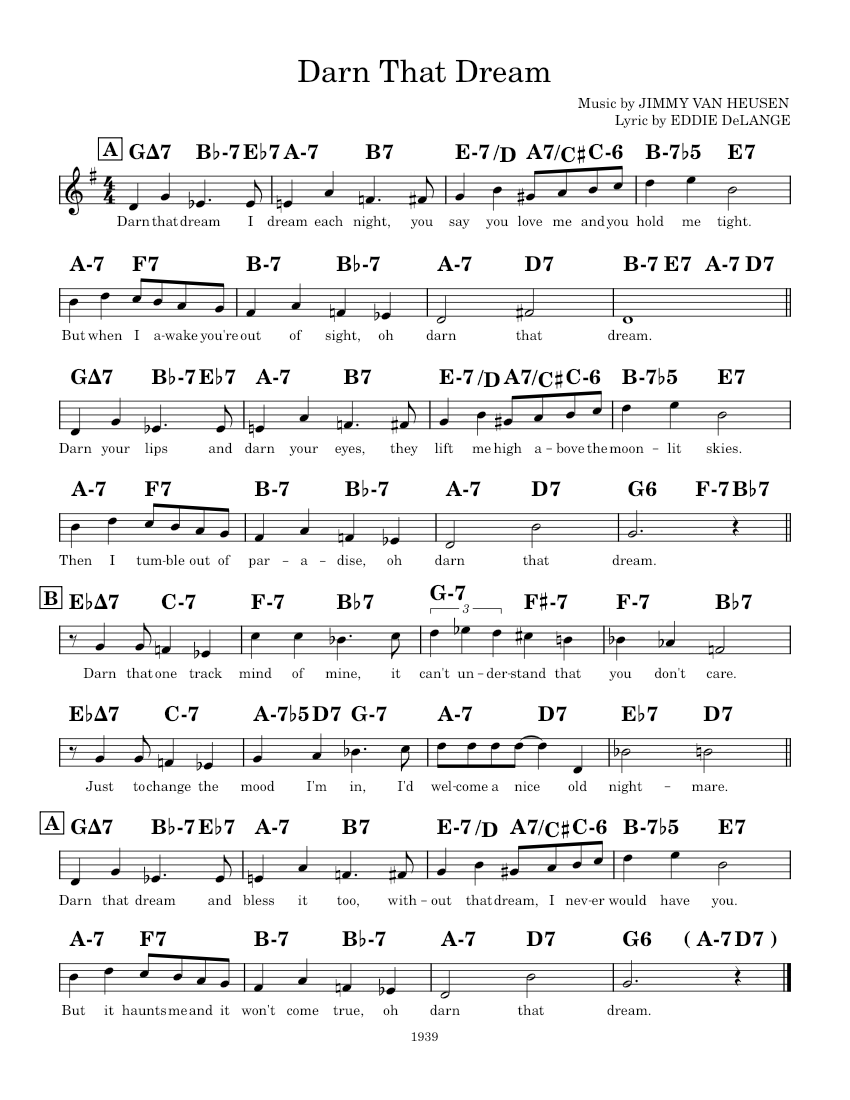 Darn That Dream Lead Sheet (G) Sheet music for Piano (Solo) Easy ...