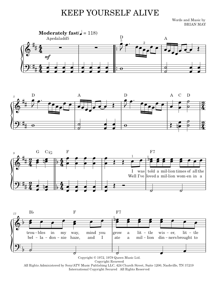 keep yourself alive Sheet music for Piano by Queen Official | MuseScore.com