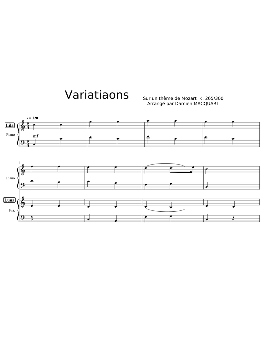 Variations_Mozart Sheet music for Piano (Mixed Trio) | Musescore.com