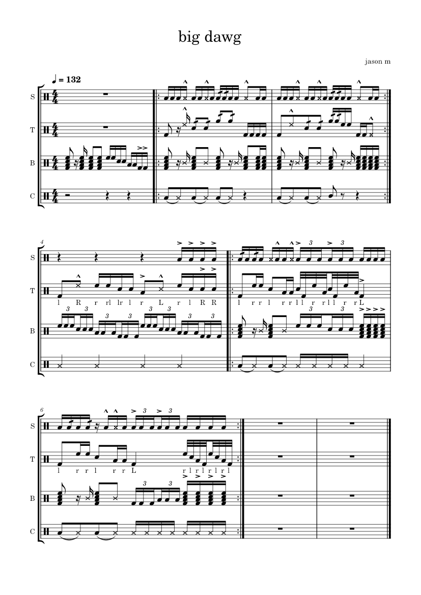 big dawg Sheet music for Snare drum, Crash, Tenor drum, Bass drum (Drum ...