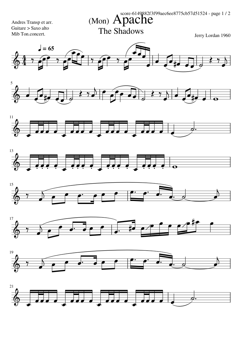 Apache Sheet music for Saxophone alto (Solo) | Musescore.com